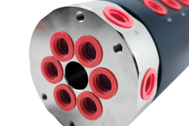 Side view of Q6P03 rotary gas joint showing compact design and mounting points