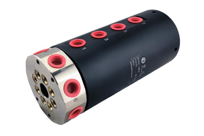Front view of Q8P03 gas path rotary slip ring showing connection ports