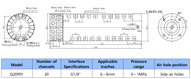 Q20P01 pneumatic slip ring rotary joint dimensions diagram