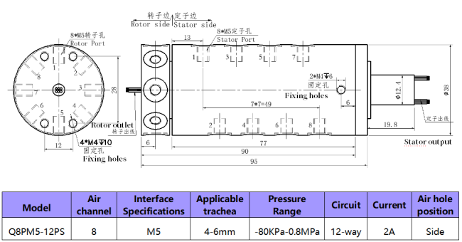 Technical drawing of Q8PM5-12PS gas-electric combination slip ring showing dimensions and connections