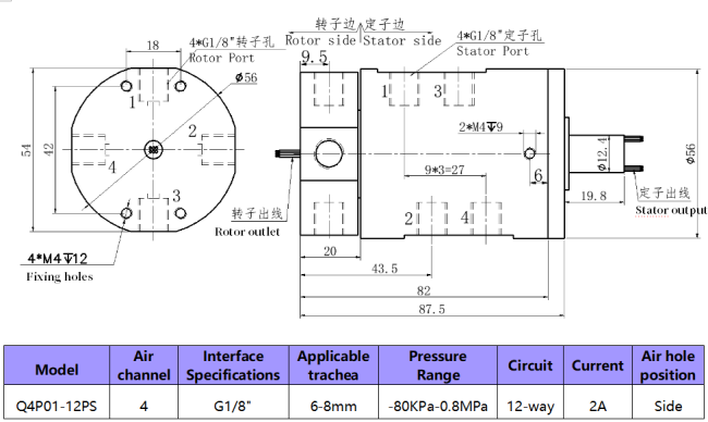 Technical drawing of Q4P01-12PS slip ring connector showing dimensions and connections