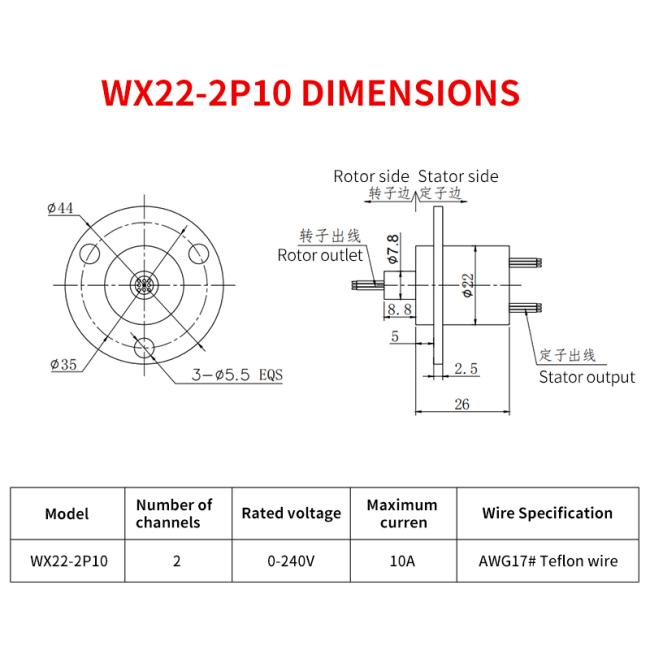 Detailed dimensional diagram of F-WX22-2P10 flange conductive slip ring showing measurements