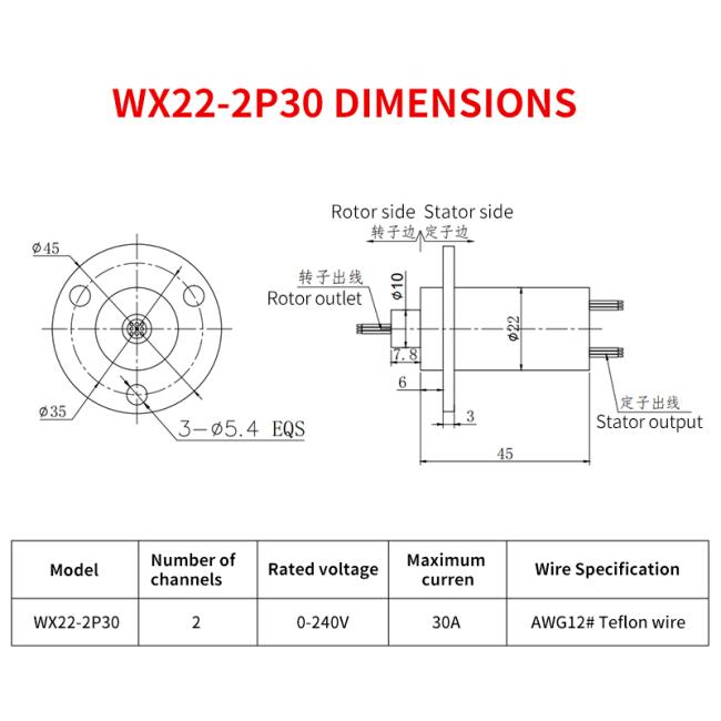 F-WX22-2P30 slip ring dimensional diagram showing 22mm outer diameter and 45mm length