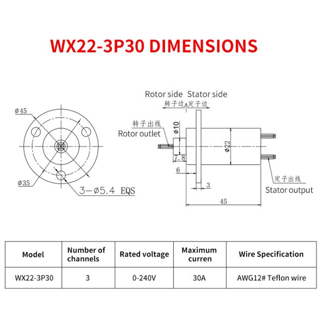 Detailed dimensional diagram of F-WX22-3P30 high current flange rotating collector ring