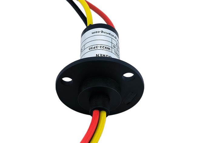 Side view of F-WX22-3P30 high current flange rotating collector ring showing wiring connections