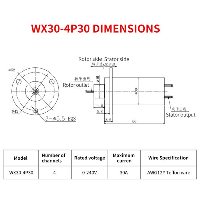 Detailed technical drawing showing dimensions of F-WX30-4P30 slip ring