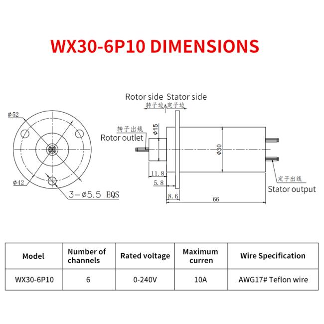 F-WX30-6P10 flange rotating collector ring dimensions diagram