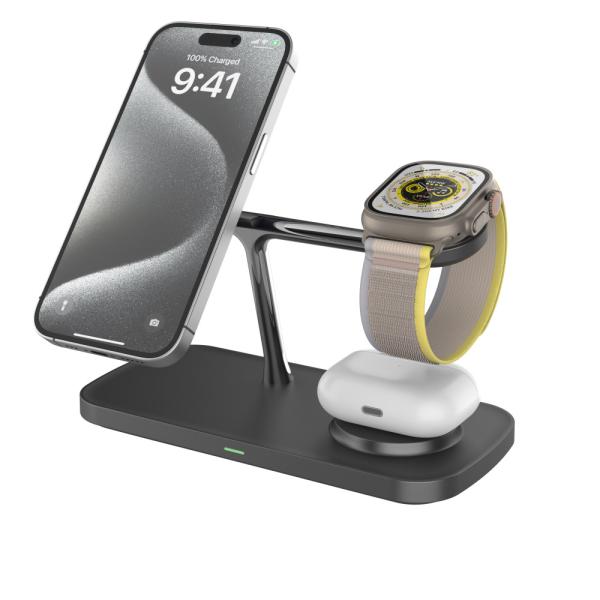 15W Qi 2 All in 1 Wireless Charging Station White/Black ABS Zinc Alloy Charger for Apple Samsung Watches