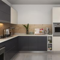 China Melamine Kitchen Carcasses Solid Wood Handleless Kitchen Cabinets L Shape for sale