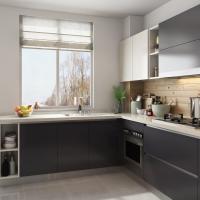 China Melamine Kitchen Carcasses Solid Wood Handleless Kitchen Cabinets L Shape for sale