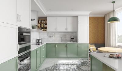 Arredamenti di cucina in MDF verde sofisticato con banconi in quarzo