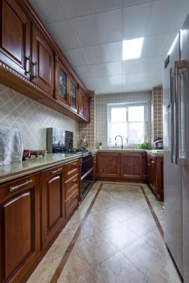 China Wood Grain Kitchen Cabinet Slab Door Panel Cupboard With Quartz Countertop for sale
