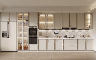 China Particle Board Carcase Modern Kitchen Cabinet Equipped with Blum Hardware Quartz Sinter Marble Countertop Custom Designs for sale