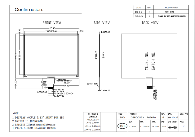 5.83 inch ePaper display front view