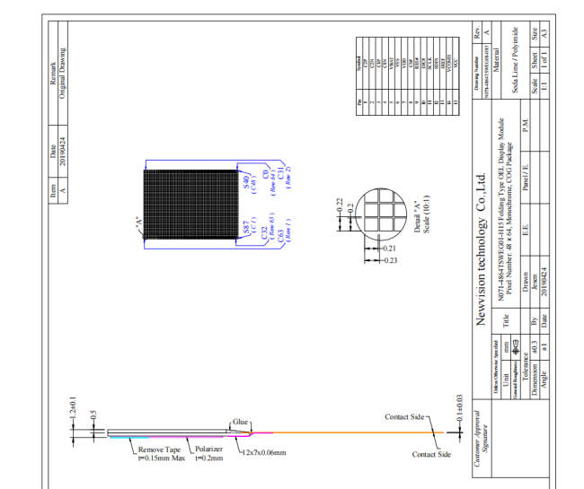 OLED display mechanical drawing - front view