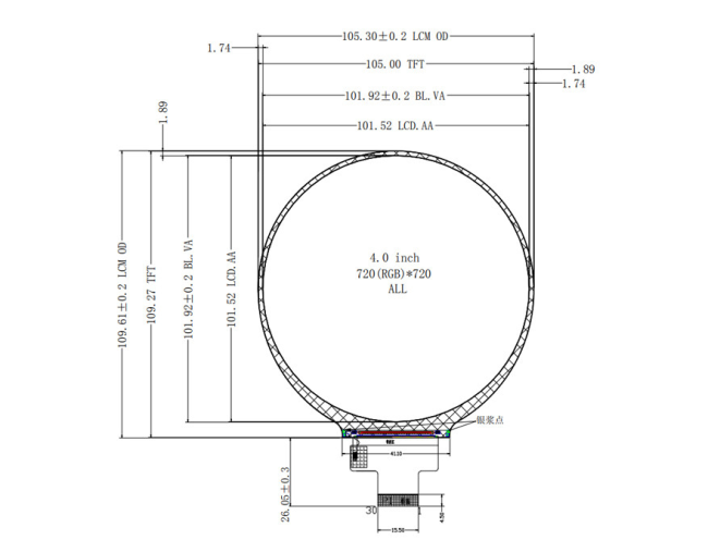 4-inch circular HDMI TFT LCD display front view