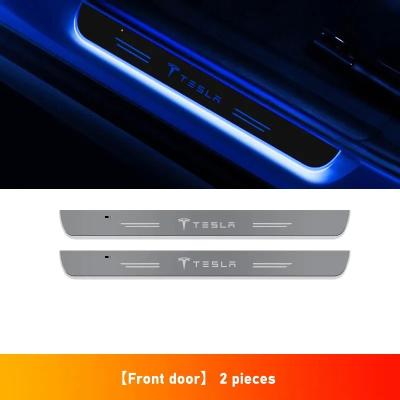 China Tesla LED Welcome Door Sill Plates with USB Rechargeable Lithium Battery for Anti Slip Scratch Protection and Wireless Installation for sale