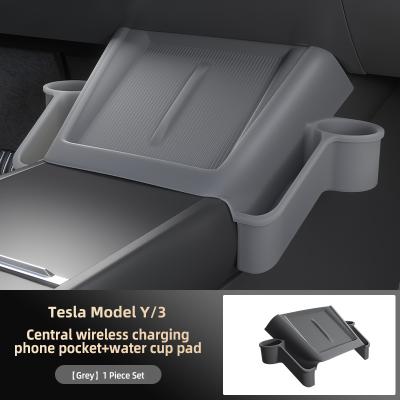 China Tesla Model Y 2025 Wireless Charging Phone Pocket with Qi Standard Charging and Dual Cup Holder Positions in Anti-Slip PU + ABS Material for sale