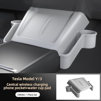 China Tesla Model Y 2025 Wireless Charging Console Tray with Qi Fast Charging Anti-Slip Silicone and Plug-and-Play Installation for sale