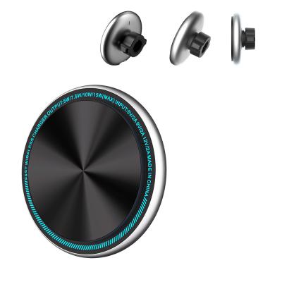 China Metal Ambient Light 15w Wireless Charger Car Phone Holder With Oval Shape And Magsafe Magnetic Suction for sale