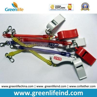 China Alert Clip-on Plastic Spring Coiled Lanyard Tether W/Plastic Whistle for sale