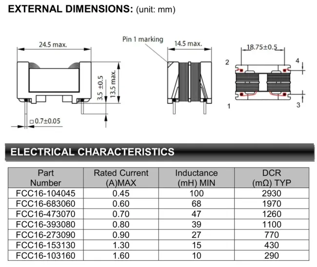 Common Mode Filter Inductor with Frame Core (FCC1614 Series, 0.6A, 68mH)