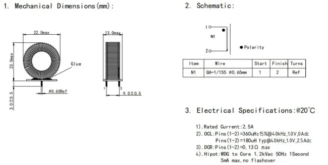 2.5A Rated Current Input Common Mode Choke Inductor for PCB Motor Controller