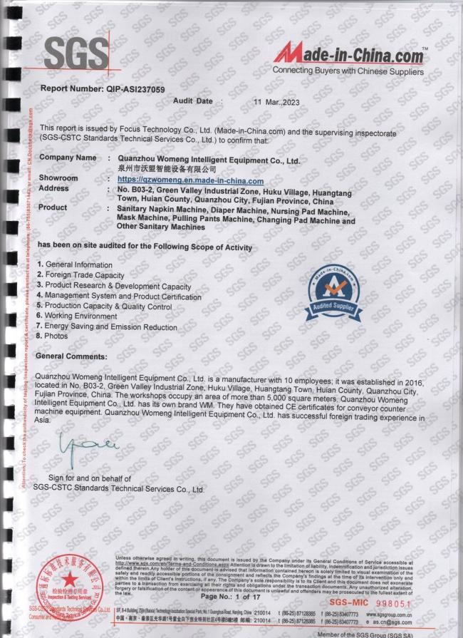 Womeng Full Servo Adult Diaper Production Line with ISO9001