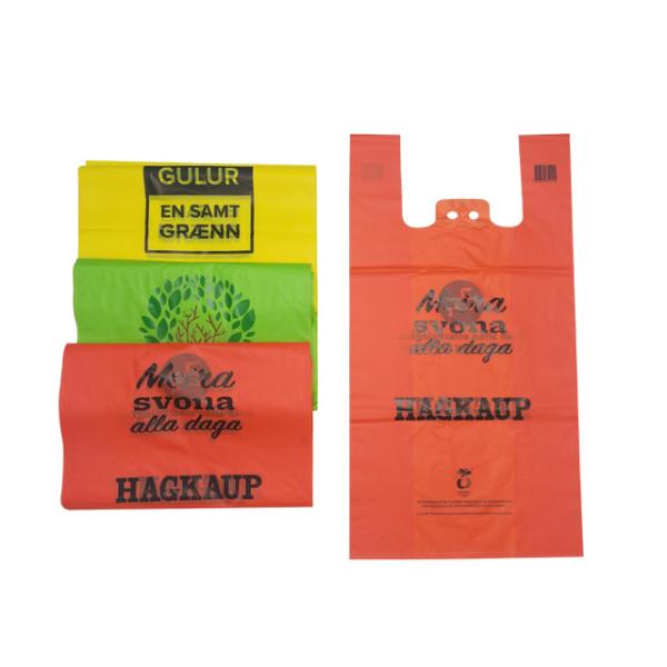Quality Biodegradable Reusable T Shirt Bags Easy Tie Handle Singlet Checkout Bags for sale