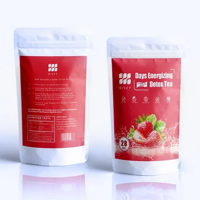 Close-up of strawberry flavored detox tea sachets