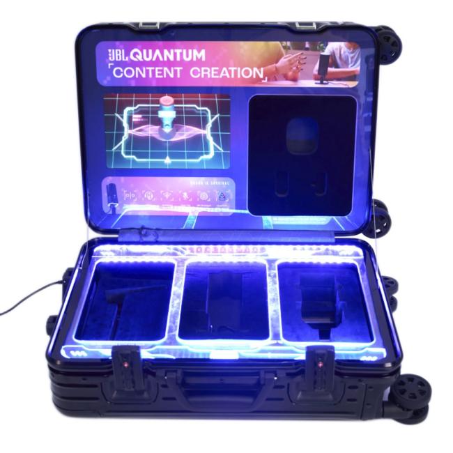 Portable suitcase audio speaker display stand - front view