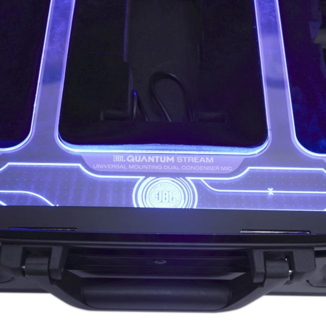 Portable suitcase audio speaker display stand - side view