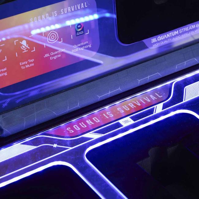 Portable suitcase audio speaker display stand - angled view