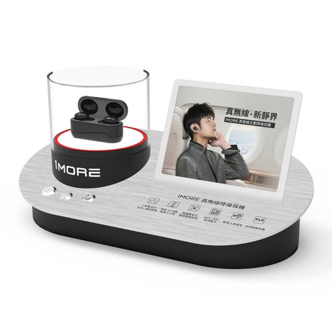 Clear acrylic headphone display stand with LED lighting - side view