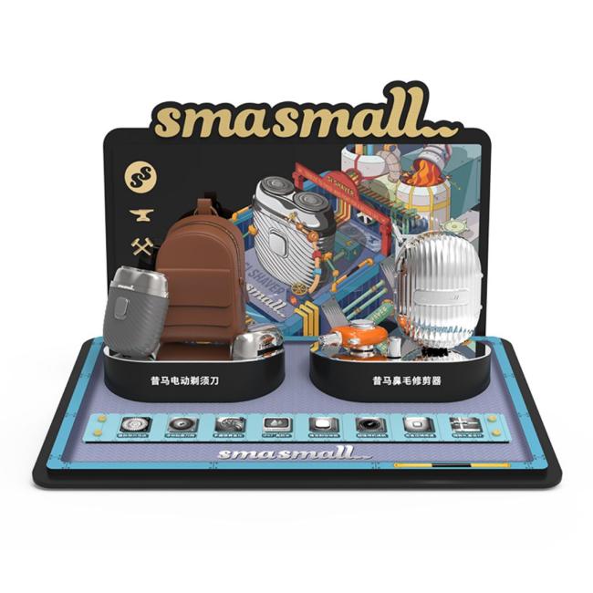 Black acrylic razor display rack in use on countertop