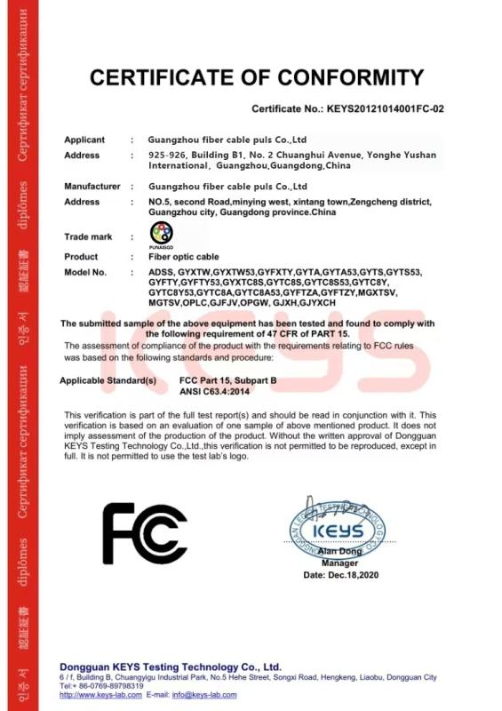 CERTIFICATE OF CONFORMITY - guangzhou fiber cablepuls co ltd