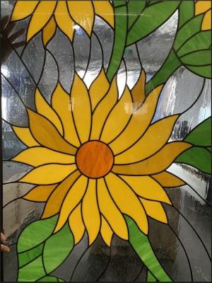 China Customized Sunflower Design Entry Door Decorative Leaded Glass With Patina Caming for sale