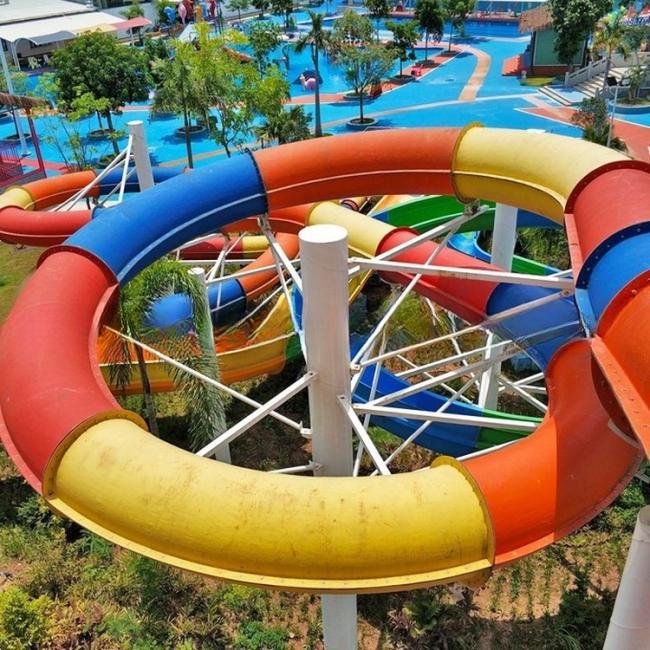 Close-up view of fiberglass water slide construction