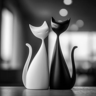 China Cute White Black Resin Cat Garden Statues Decorative Ornament For Living Room Decor for sale