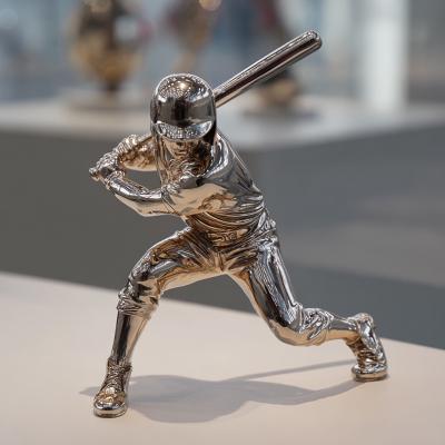 China Chrome Baseball Player Figure Statue Modern Sports Desk Sculpture Decor for sale