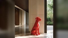 Modern Red Geometric Metal Dog Sculpture for Indoor Outdoor Decor