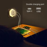 China Support Dimming Mini Plug-in LED Night Light Lamp with USB and Type-C Charging Socket for sale