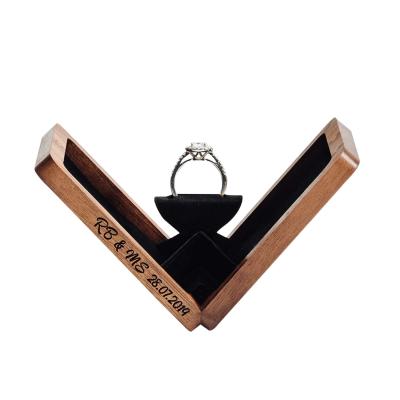 China Walnut Square Wooden Velvet Small Thin Flat Ring Box for Wedding for sale