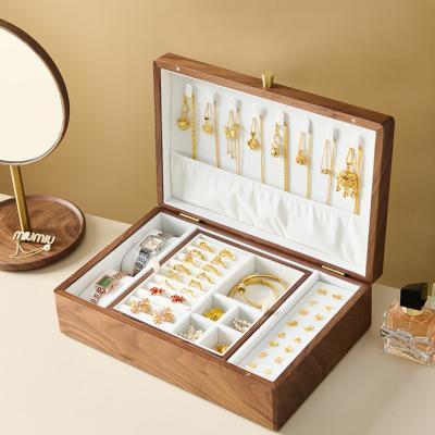 China 2025 Double-Layer Vintage Walnut Solid  Wooden Box with Jewellery Storage for Wedding Anniversary Gift for sale