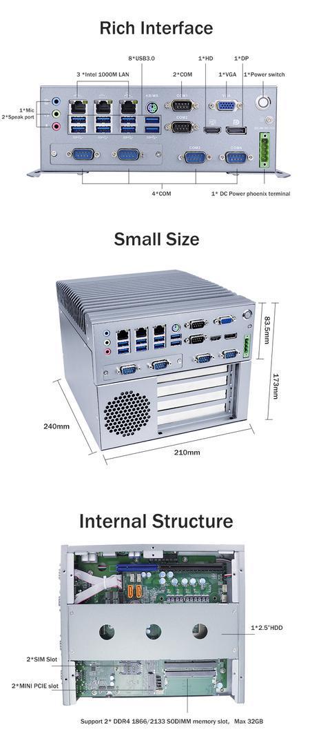 I3 6100T Quad Core Fanless Industrial Mini PC With 12V DC Power Supply And 64G SSD 03