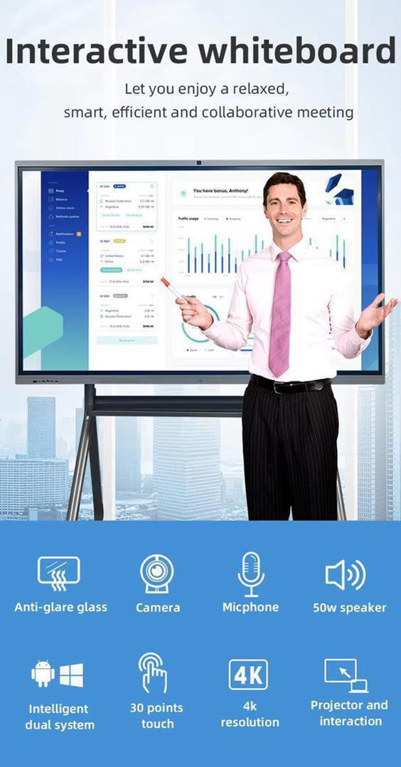 High Brightness 350cd/m2 65 Inch Interactive Whiteboard Screen for Interactive Presentations 0