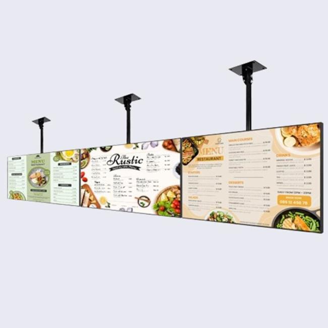 Panoramic 4-screen overhead digital menu board banner display for food courts and cafeterias