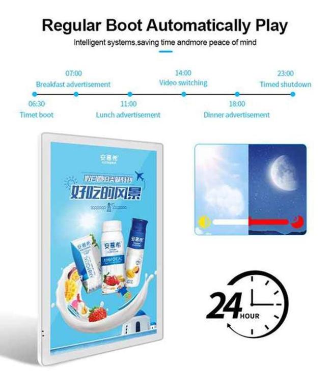 Infographic detailing 24-hour automated boot and timer scheduling for commercial advertising displays