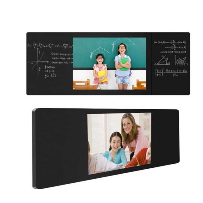 Dual smart board views showing classroom lessons on top and a woman with a child below