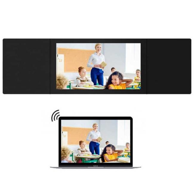 Smart display paired with a tablet screen showing a female teacher standing in front of students